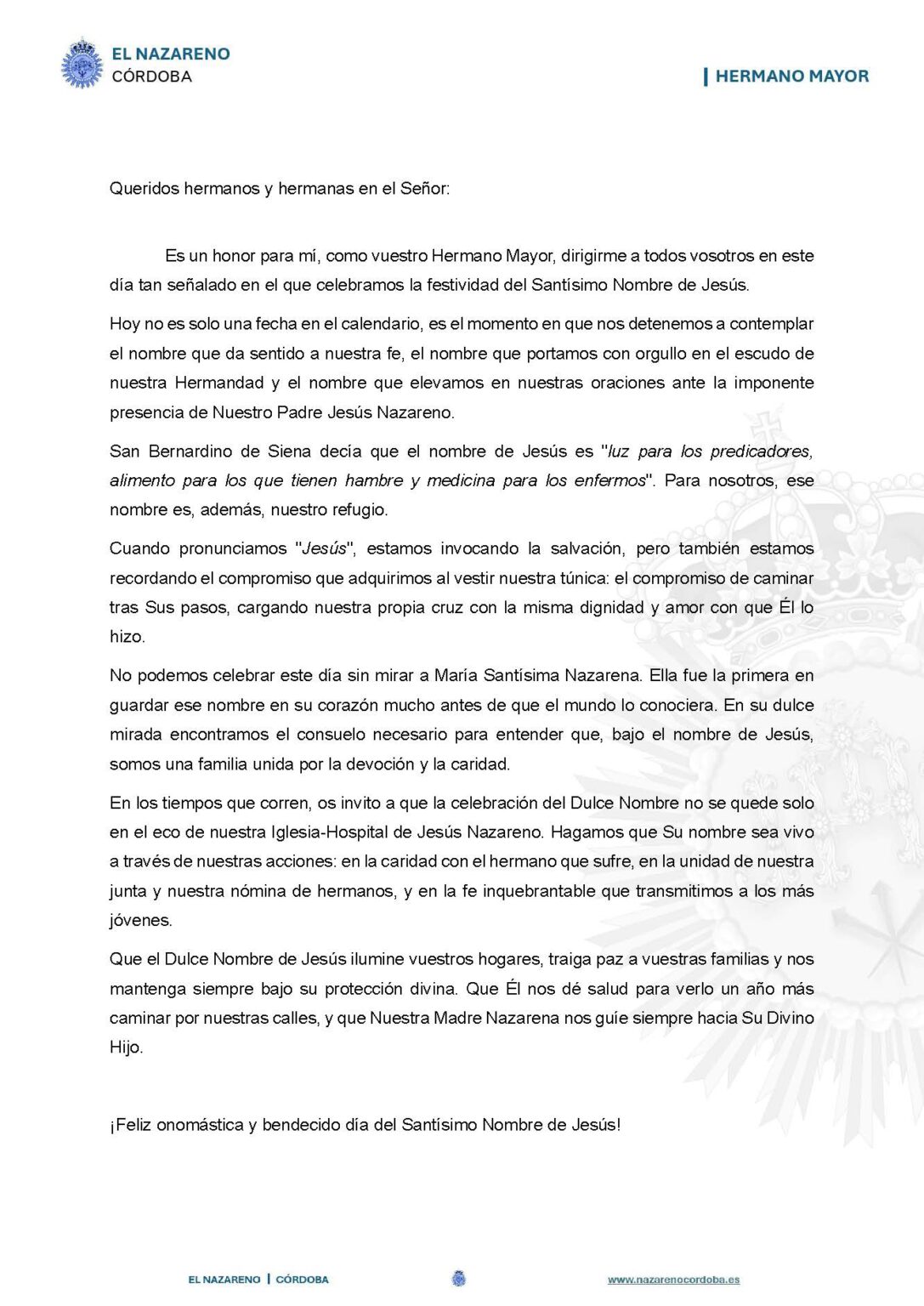 Carta del Hermano Mayor – El Nazareno de Córdoba